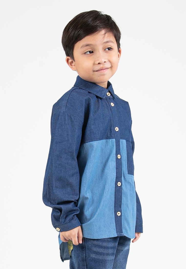 Forest Kids Boys Chambray Denim Collar Long Sleeve Shirt | Baju Budak ...