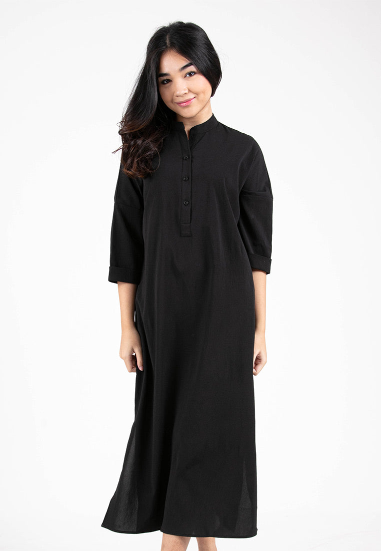 Forest x Hatta Dolmat Ladies Woven Long Sleeve Mandarin Collar Midi Dr ...